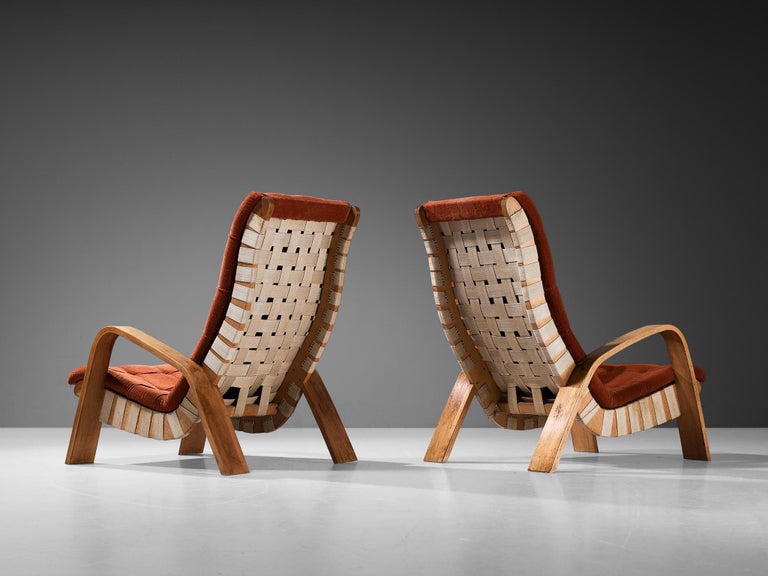 Pair of Lounge Chairs with Straps and Red Cushions For Sale at 1stDibs