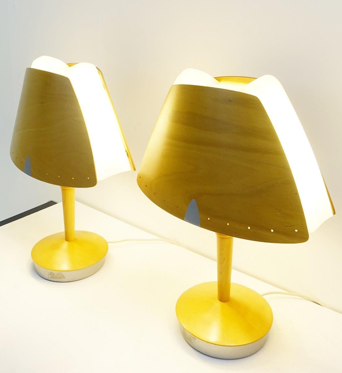 Pair of "Lucid" Table Lamps from the 1980s in Wood and White Plexiglass ...