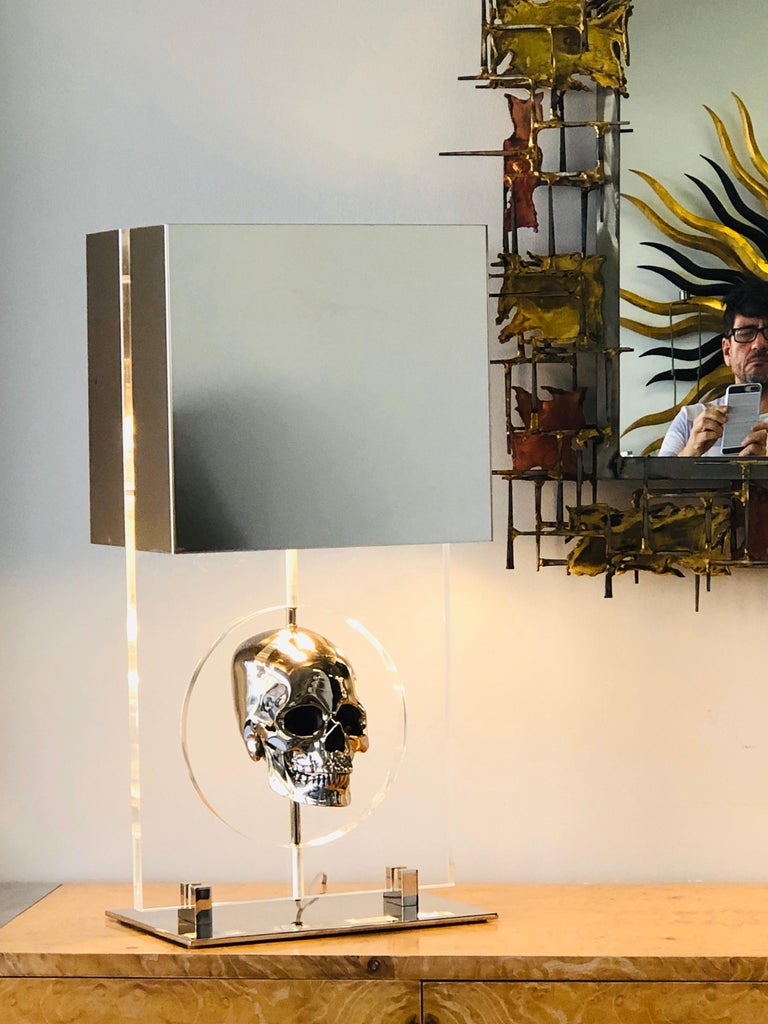 Pair of Lucite and Stainless Steel Modern Skull Table Lamps at 1stDibs