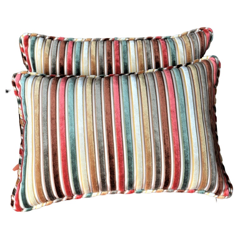 Pair of Lumbar Pillows, Multi Color Cut Velvet Stripe French Fabric For ...