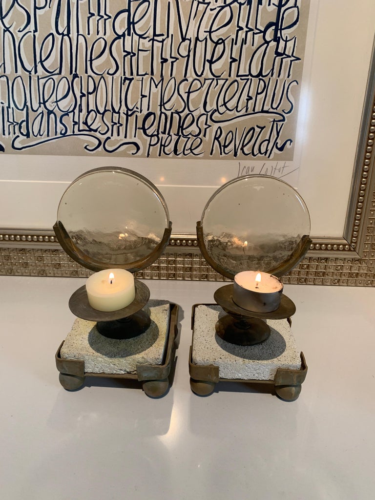 Pair of Magnifying Candleholders on Stone and Metal Stand For Sale at ...