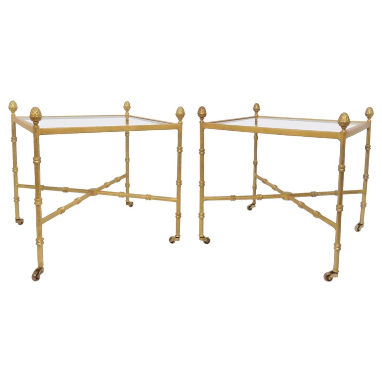 Pair of Maison Baguès Style Gilt End Tables with X-Stretchers and Acorn ...