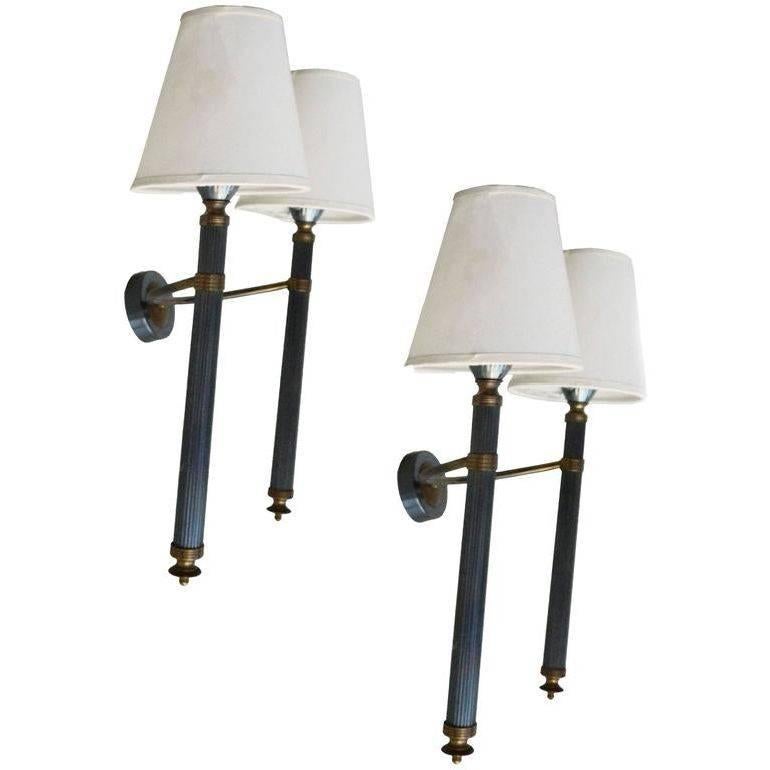 Pair of Jansen Carved Wood With Brass Sconces In Feather form Two ...