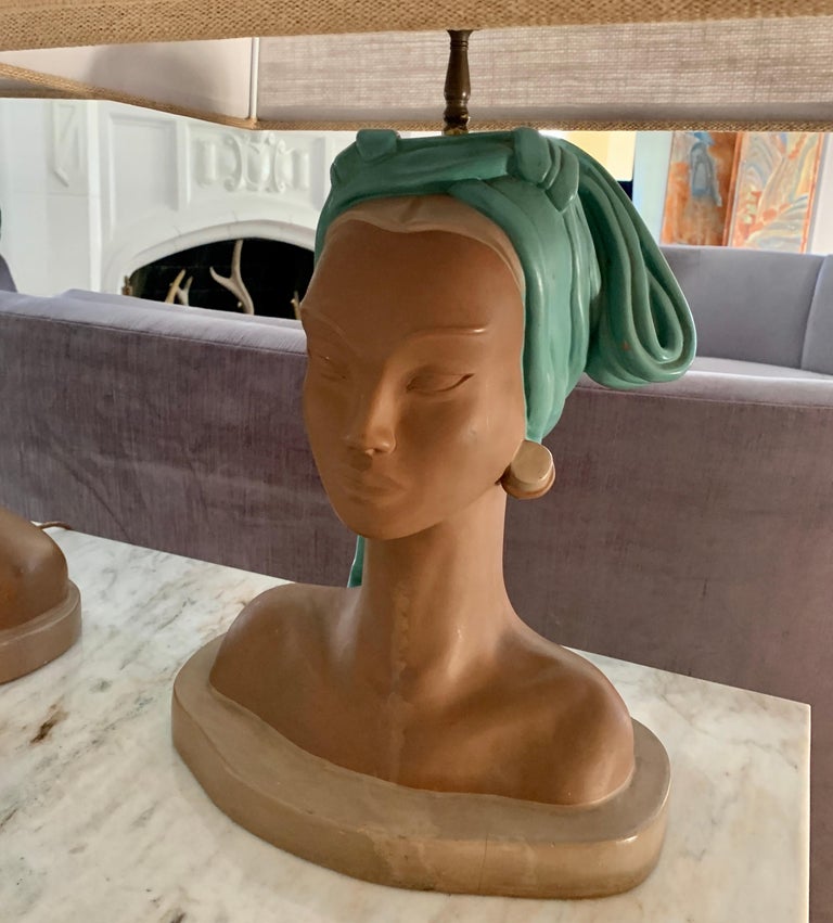 Pair of Male and Female Bust Lamps with Custom Shades For Sale at 1stDibs