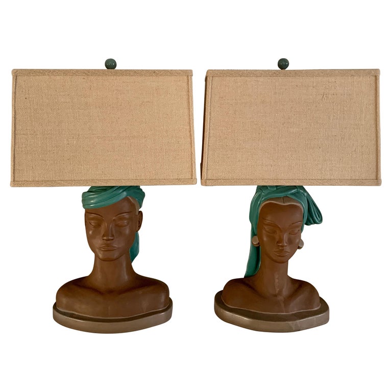Pair of Male and Female Bust Lamps with Custom Shades For Sale at 1stDibs