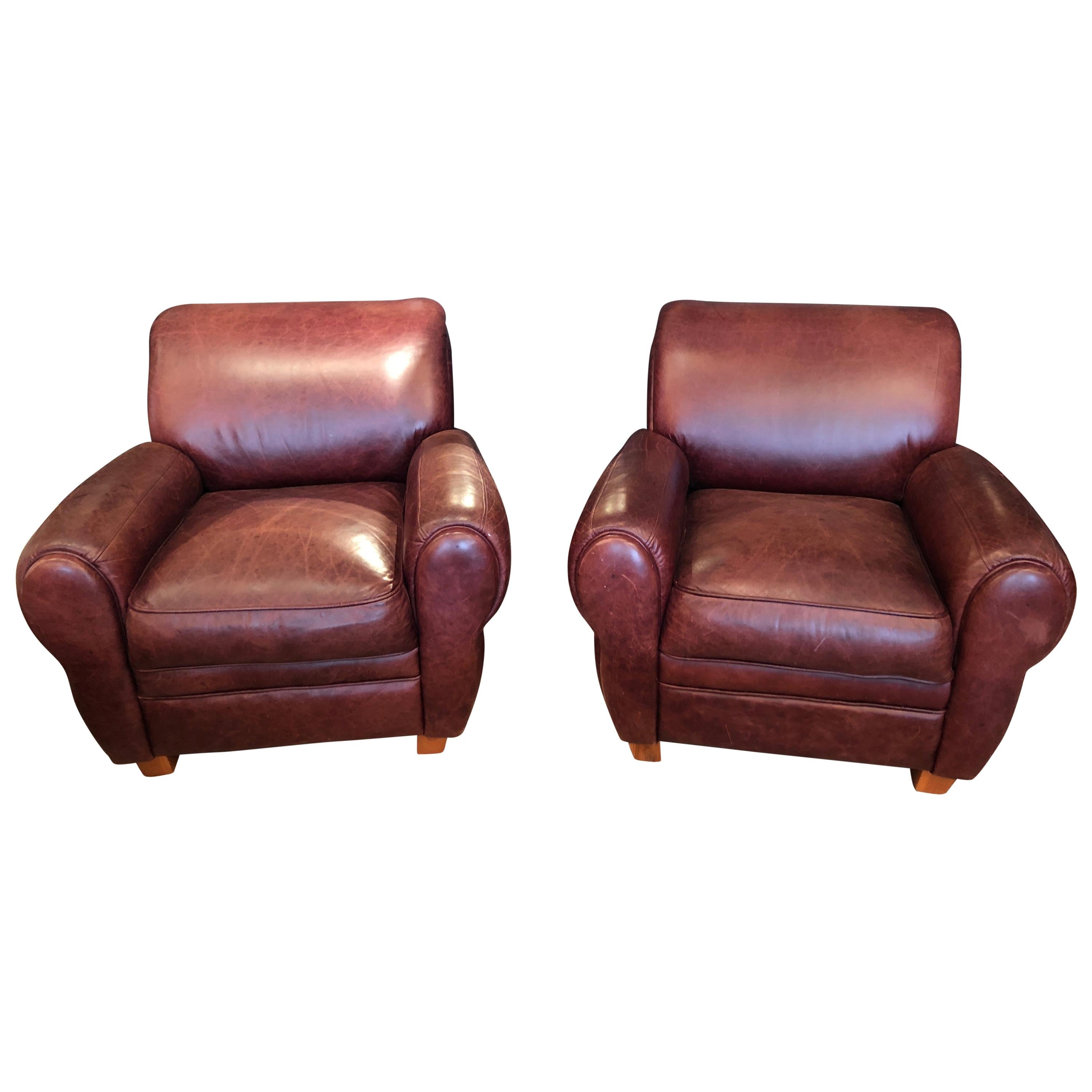 Pair of Manly Rich Leather Classic Club Chairs at 1stDibs