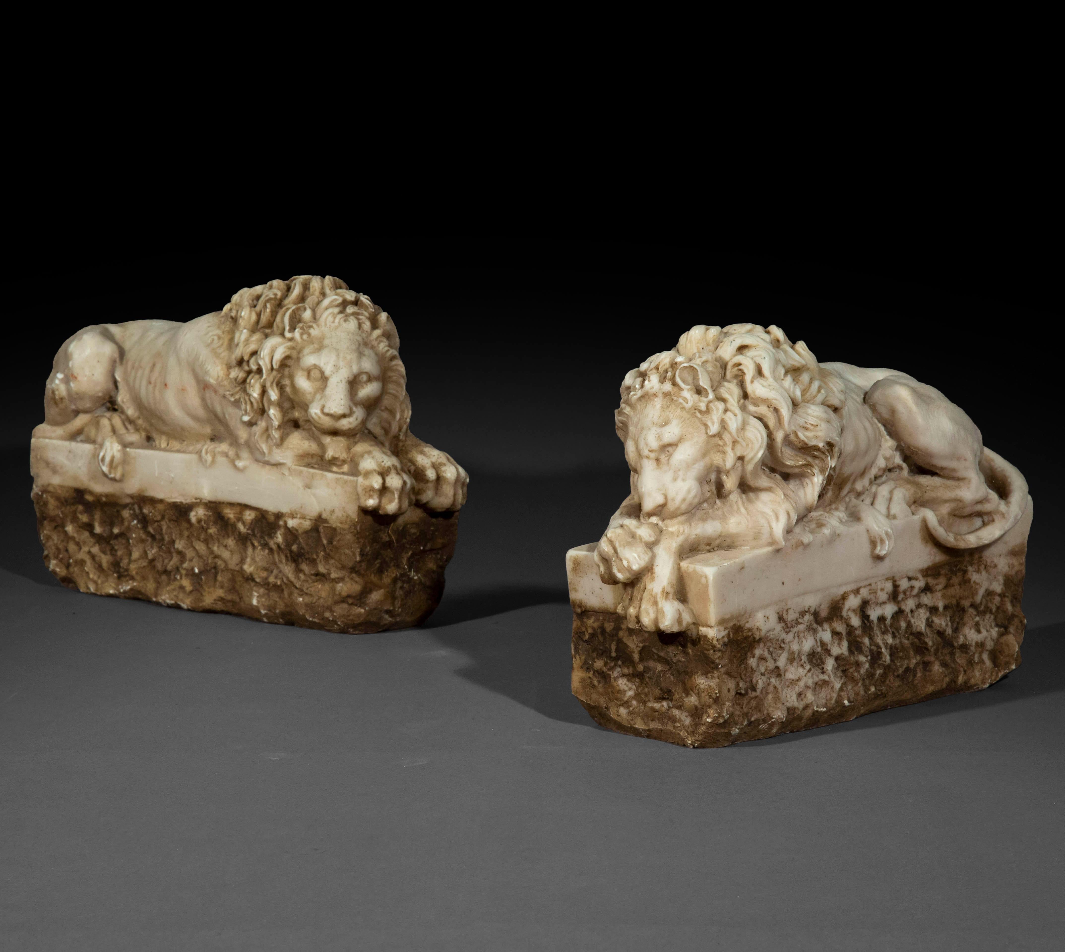 Pair of Alabaster Canova Lions Sculptures For Sale at 1stDibs