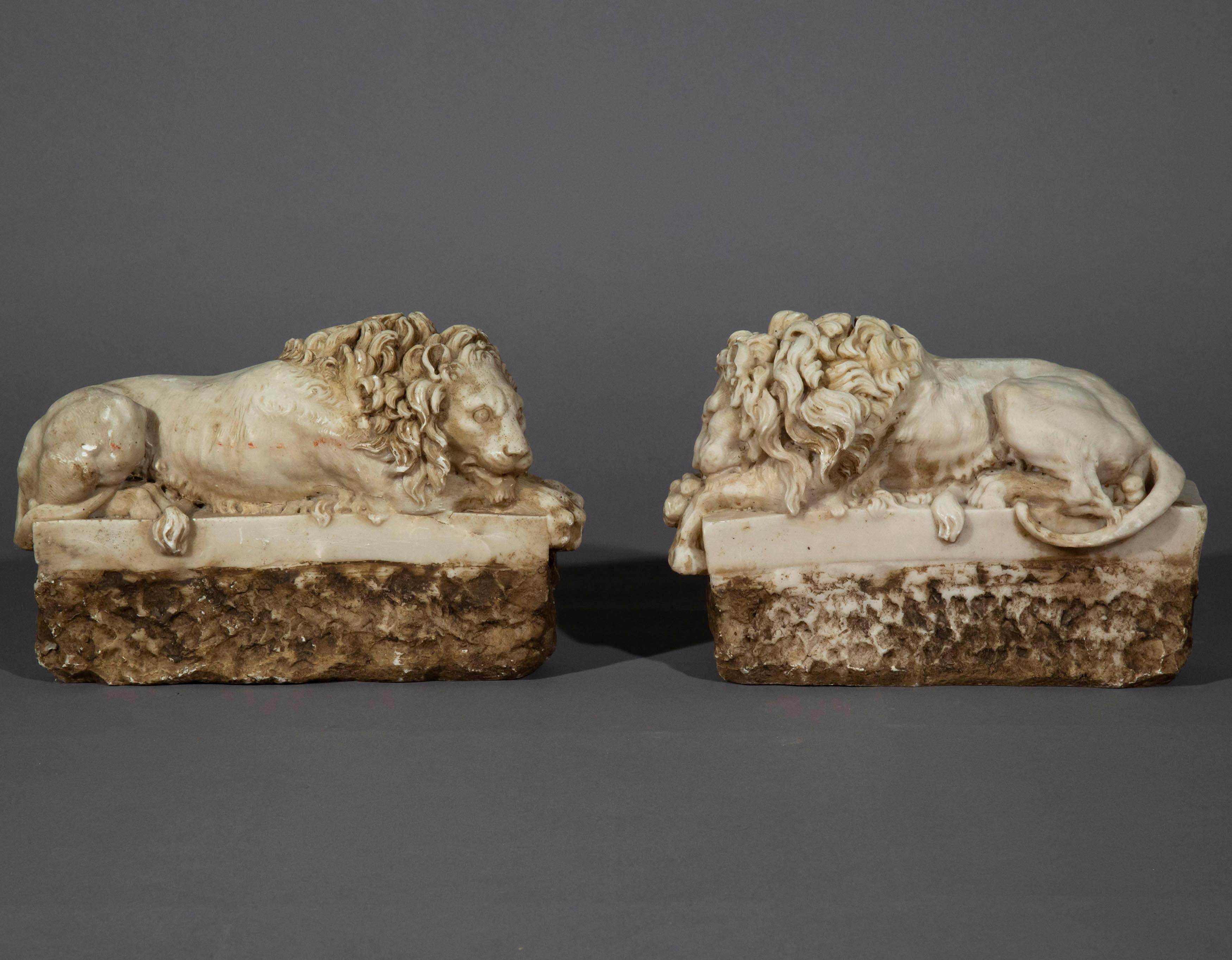 Pair of Alabaster Canova Lions Sculptures For Sale at 1stDibs