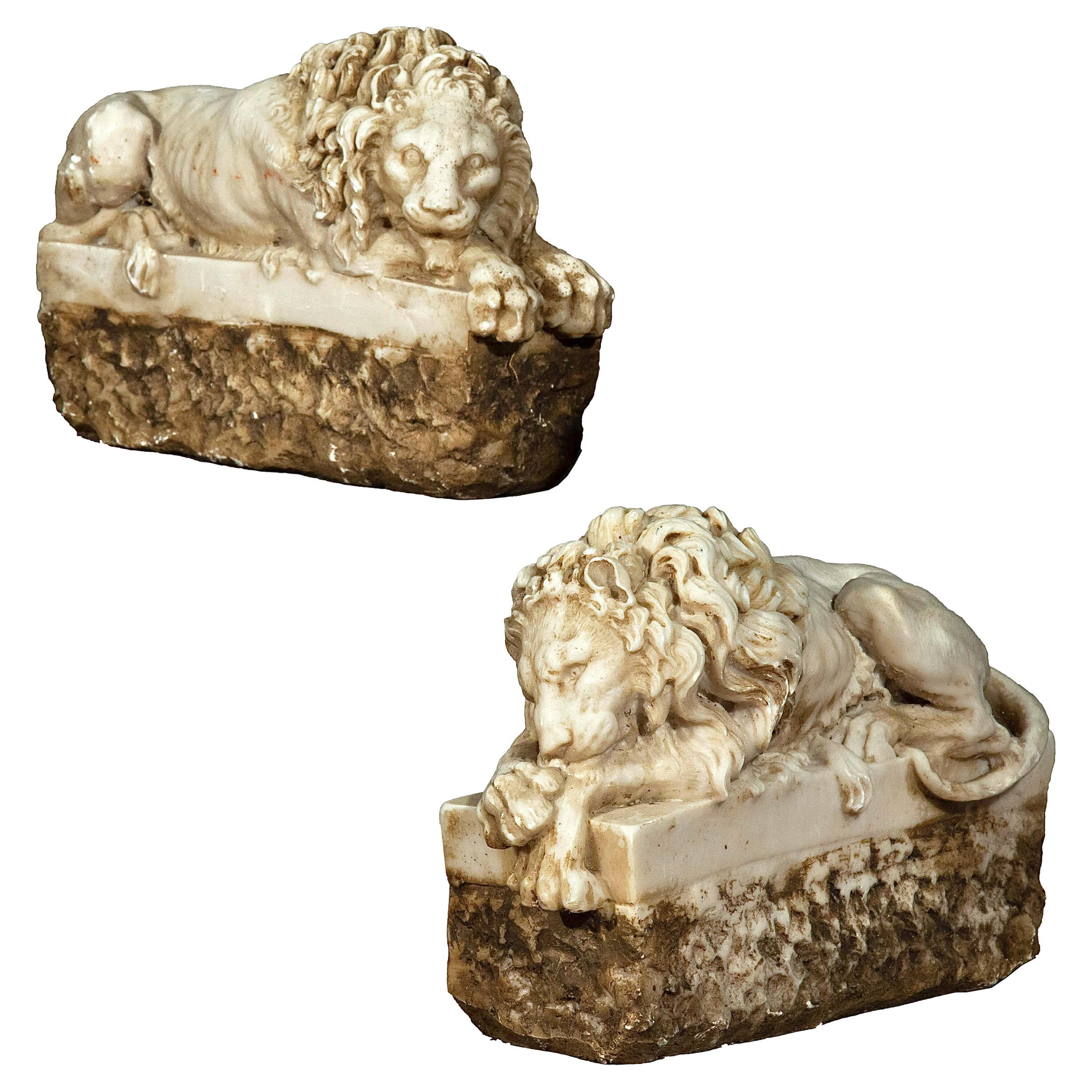 Pair of Alabaster Canova Lions Sculptures For Sale at 1stDibs