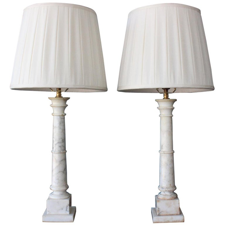 Pair of Marble Column Lamps with Silk Shades, USA, 1940s at 1stDibs
