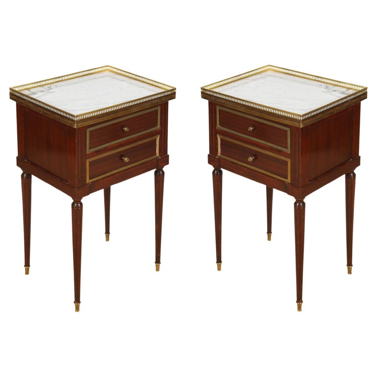 Pair of Marble Top Night Stands with Brass Gallery Rail For Sale at 1stDibs