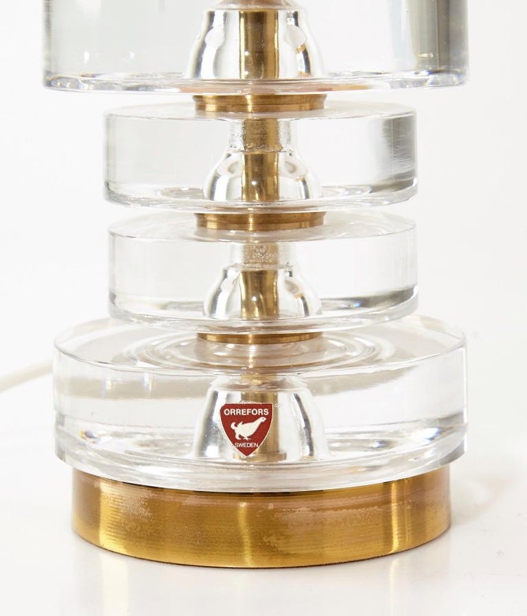 Pair of Massive Clear Crystal Disc Orrefors Lamps, Carl Fagerlund ...