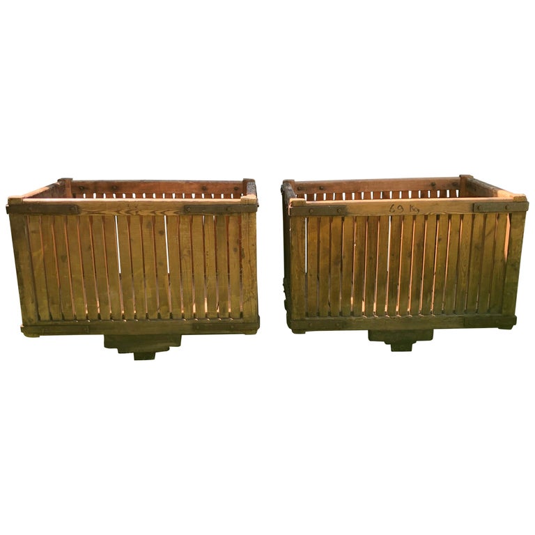 Pair of Massive French Pine Laundry Bins on Wheels as Planters For Sale ...