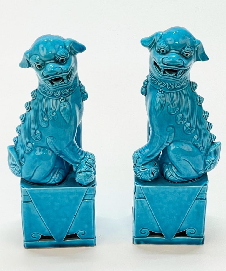 Pair of Massive Mid-Century Turquoise Blue Ceramic Foo Dogs Sculptures ...