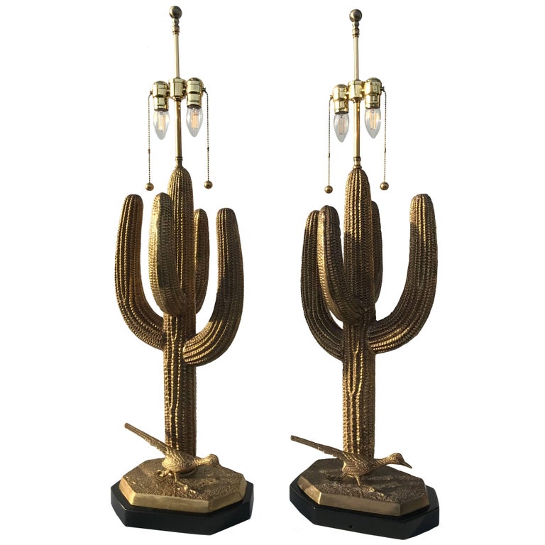 Pair of Verdigris Patina Brass Cactus Lamps For Sale at 1stdibs
