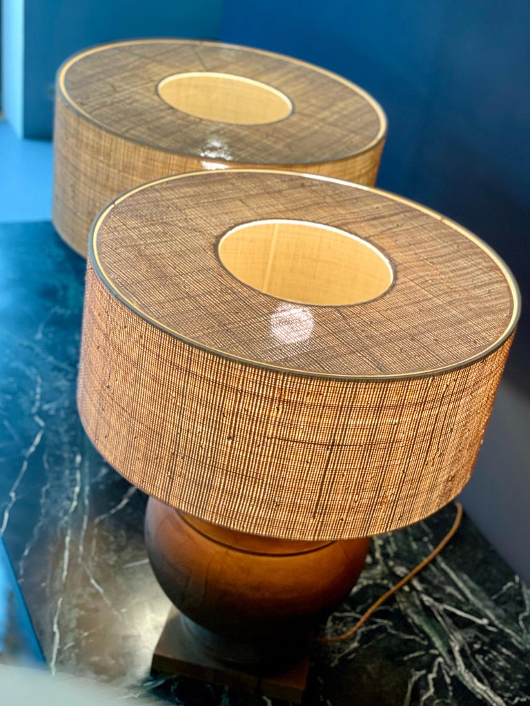 Pair of Massive Wooden Table Lamps with Raffia Shade, France For Sale ...