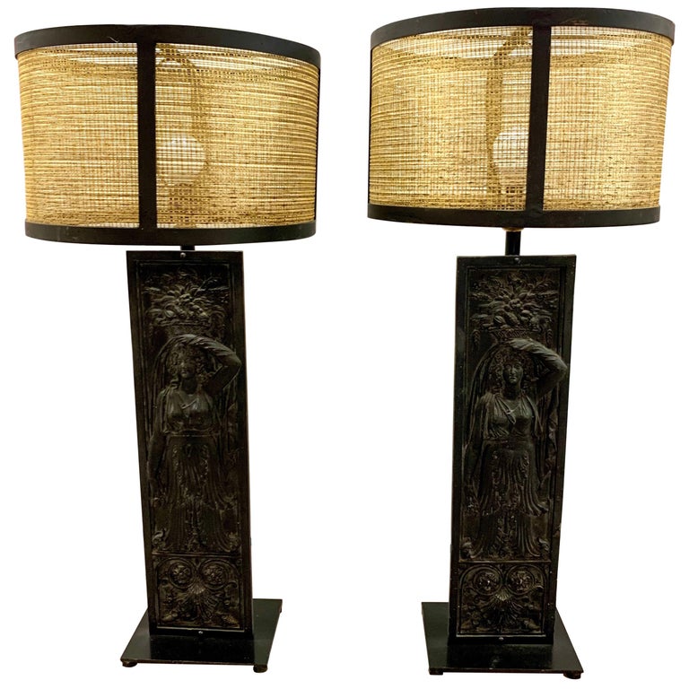 Pair of Matching Black Wrought Iron Panel Lamps For Sale at 1stDibs