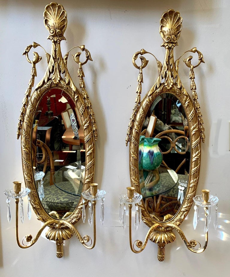 Pair of Matching Italian Carved Giltwood Mirrored Two Arm Sconces For ...