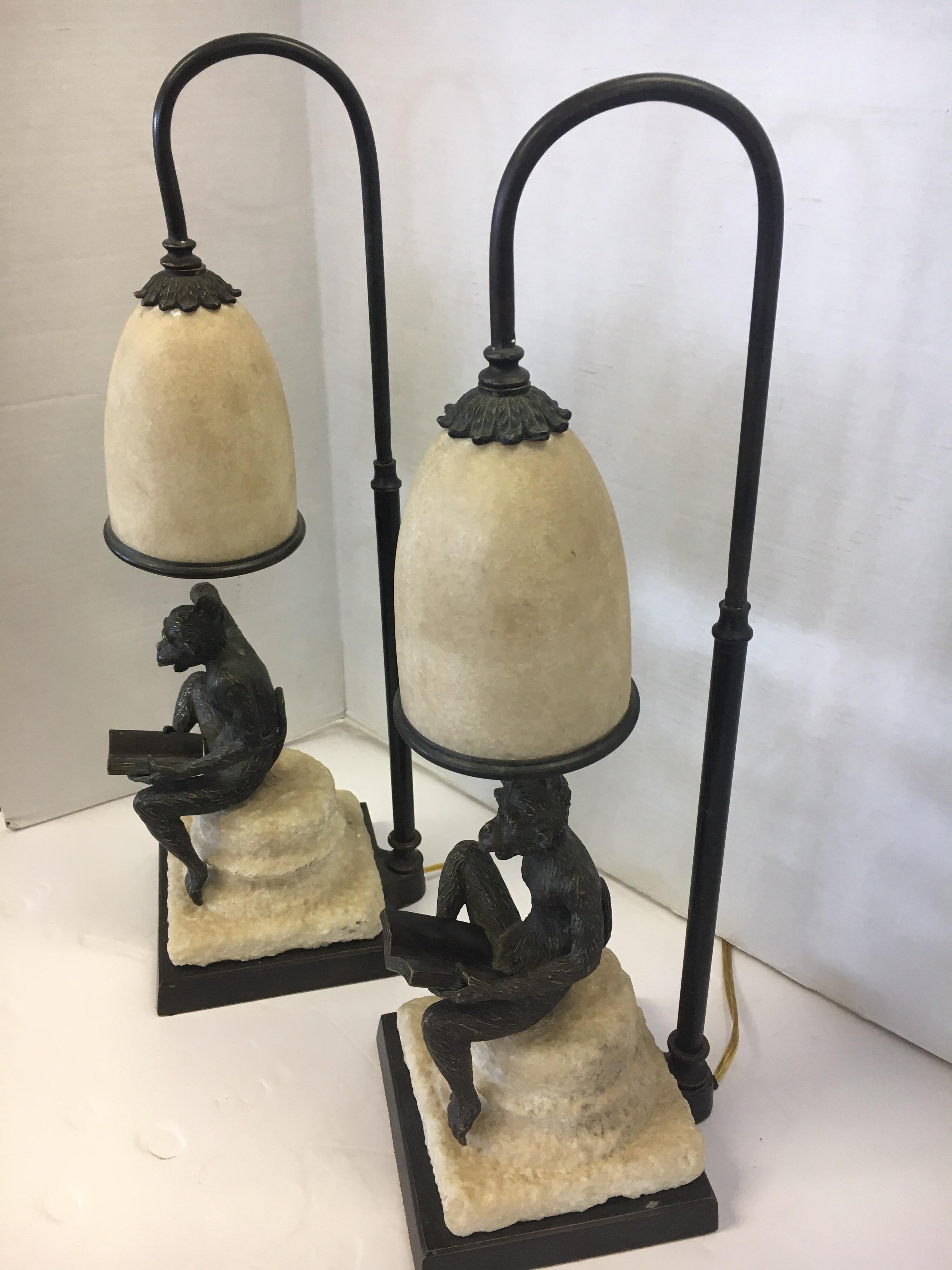 Pair of Matching Stone and Bronze Monkey Table Lamps at 1stDibs