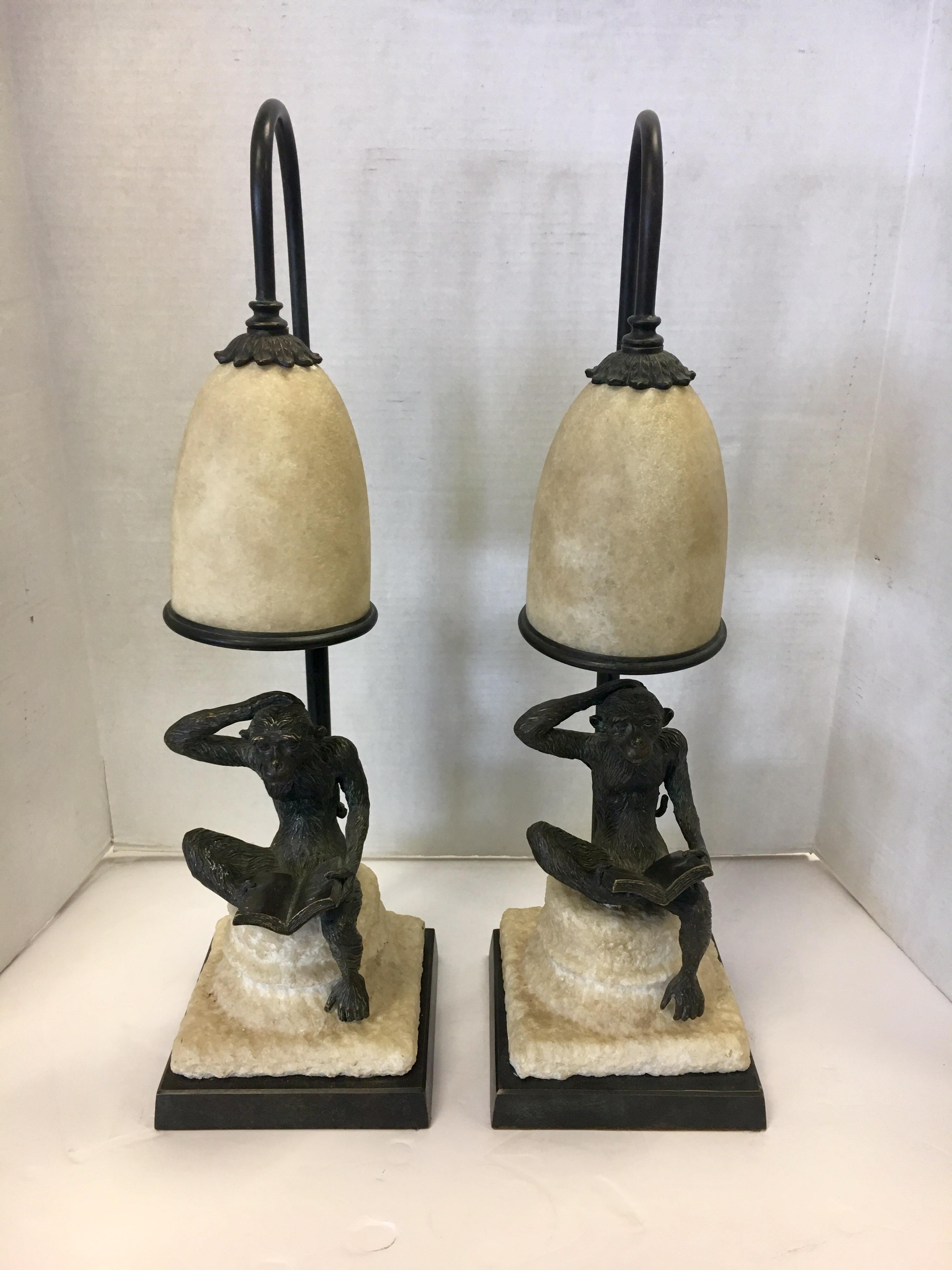 Pair of Matching Stone and Bronze Monkey Table Lamps at 1stDibs