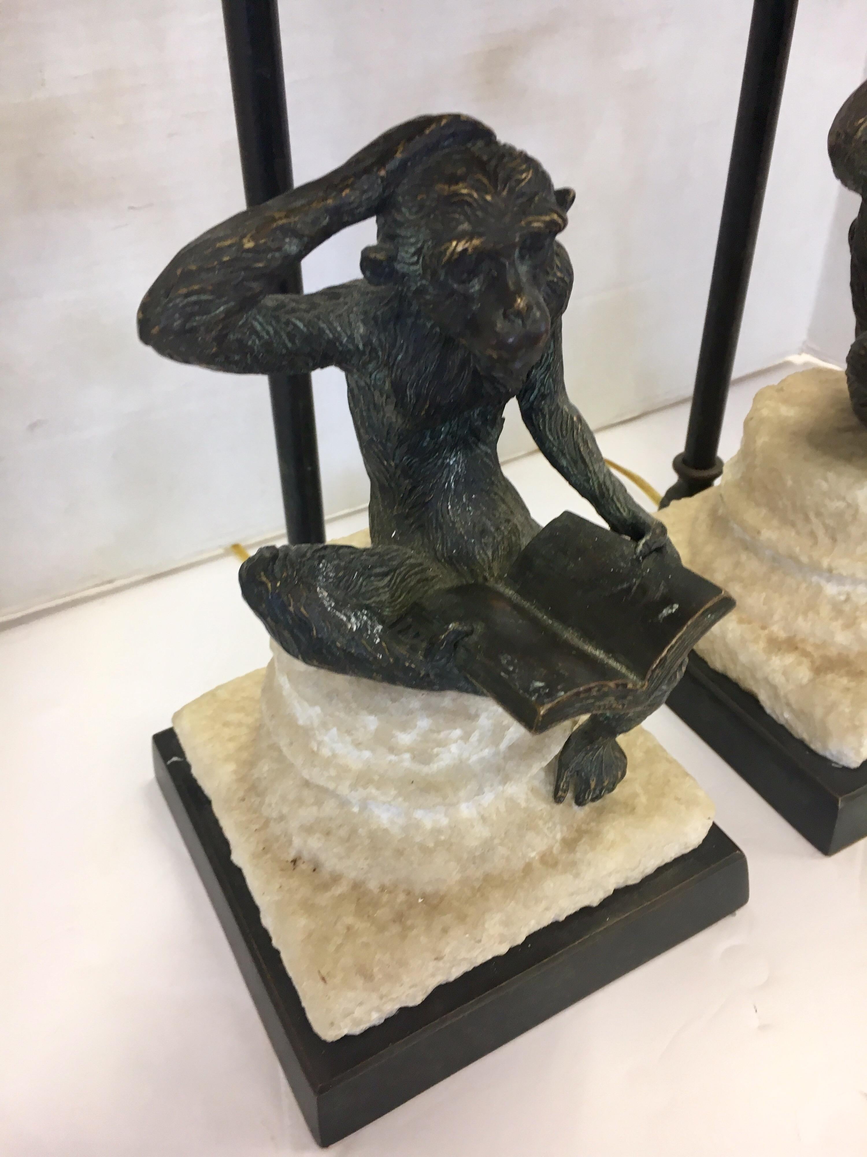 Pair of Matching Stone and Bronze Monkey Table Lamps at 1stDibs