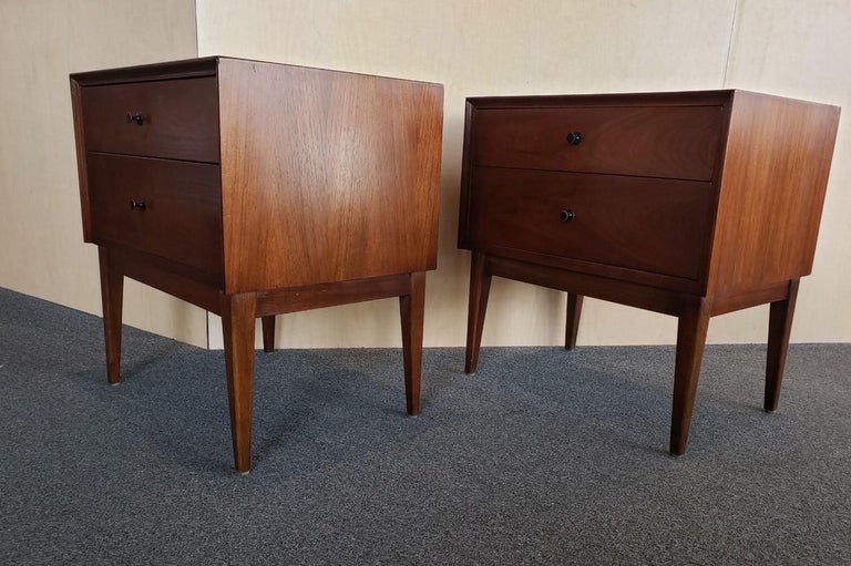 Pair of MCM Walnut Double Drawer Nightstands by American of ...