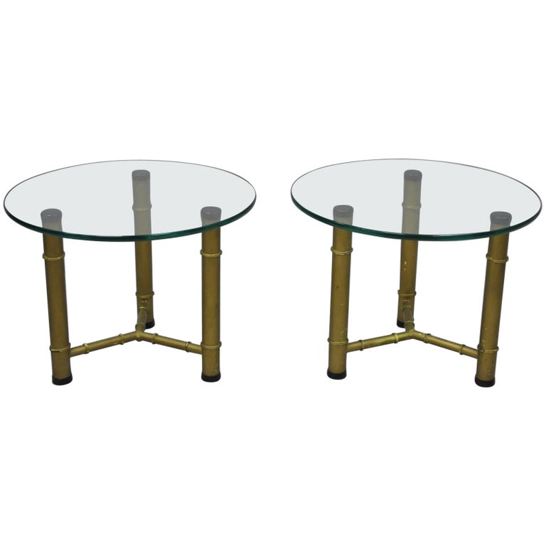 Pair Of Metal Faux Bamboo Round Glass Top Low Side End Tables Hollywood Regency At 1stdibs