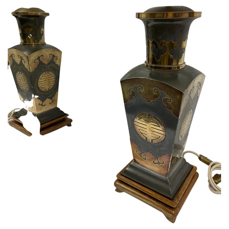 Pair of Metal Lamps with Brass Applications on Wooden Bases, 70s For ...