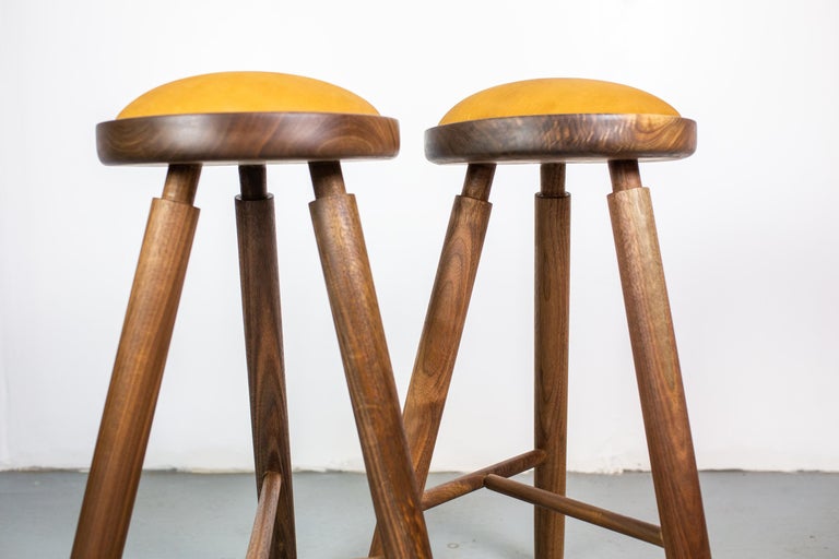 Pair of Michael Rozell Studio Bar Stools Figured Walnut and Leather USA ...