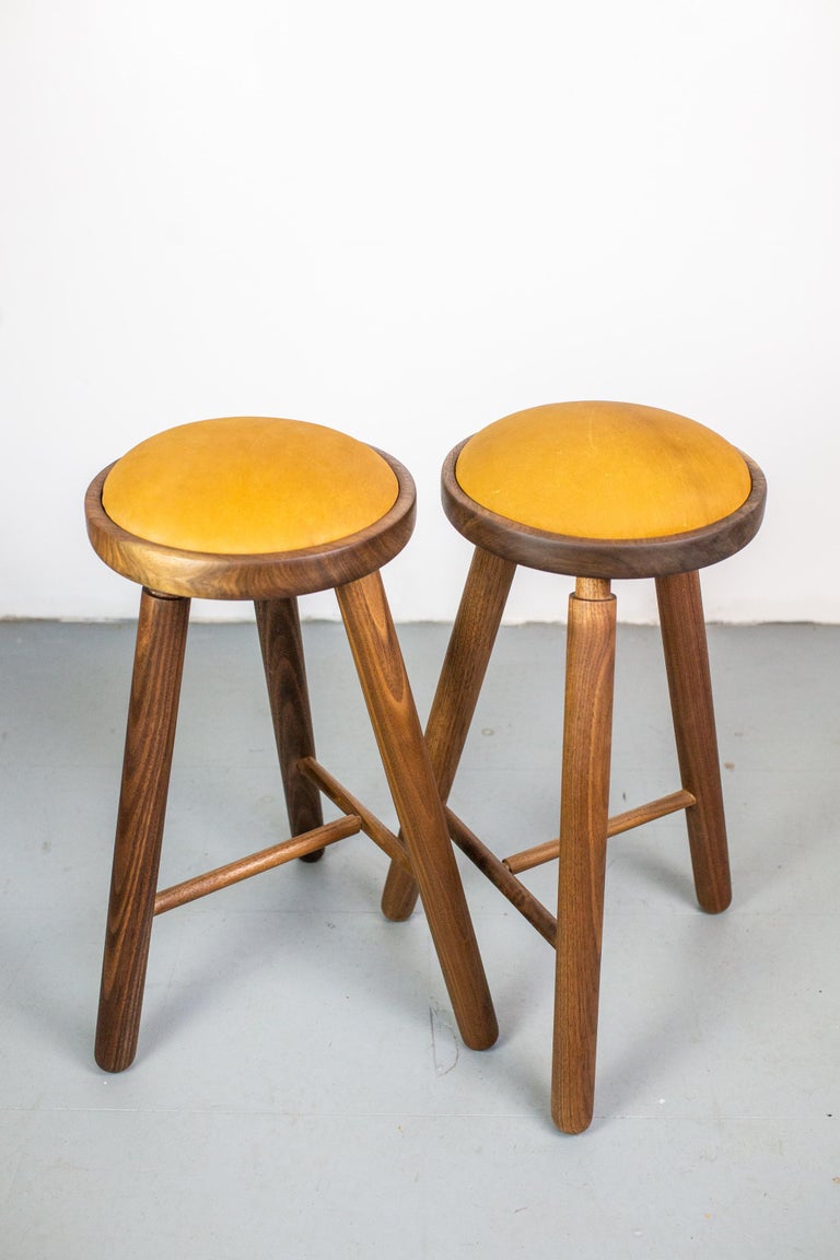Pair of Michael Rozell Studio Bar Stools Figured Walnut and Leather USA ...