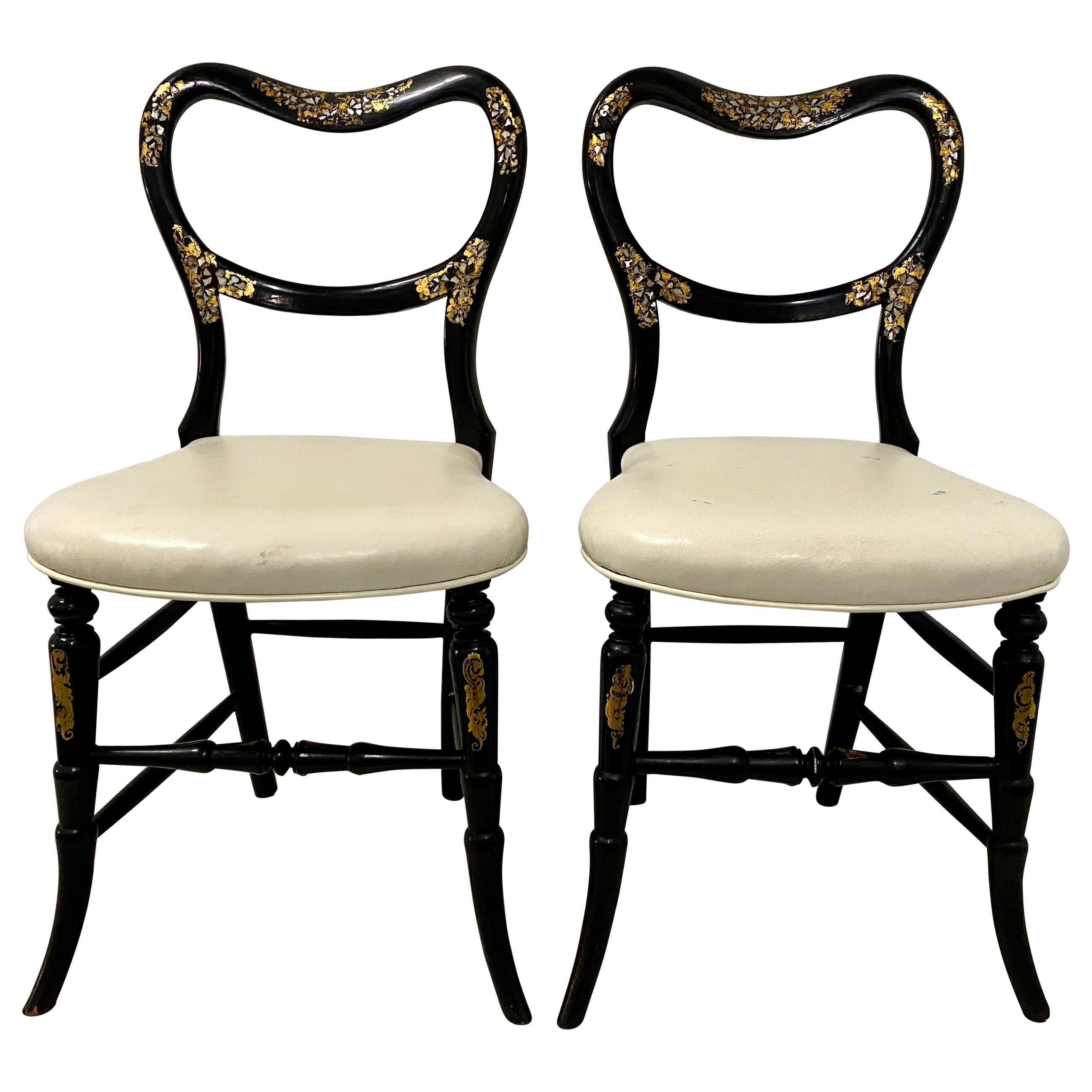 Pair of Mid-19th Century Black Lacquer Chairs with Mother of Pearl ...