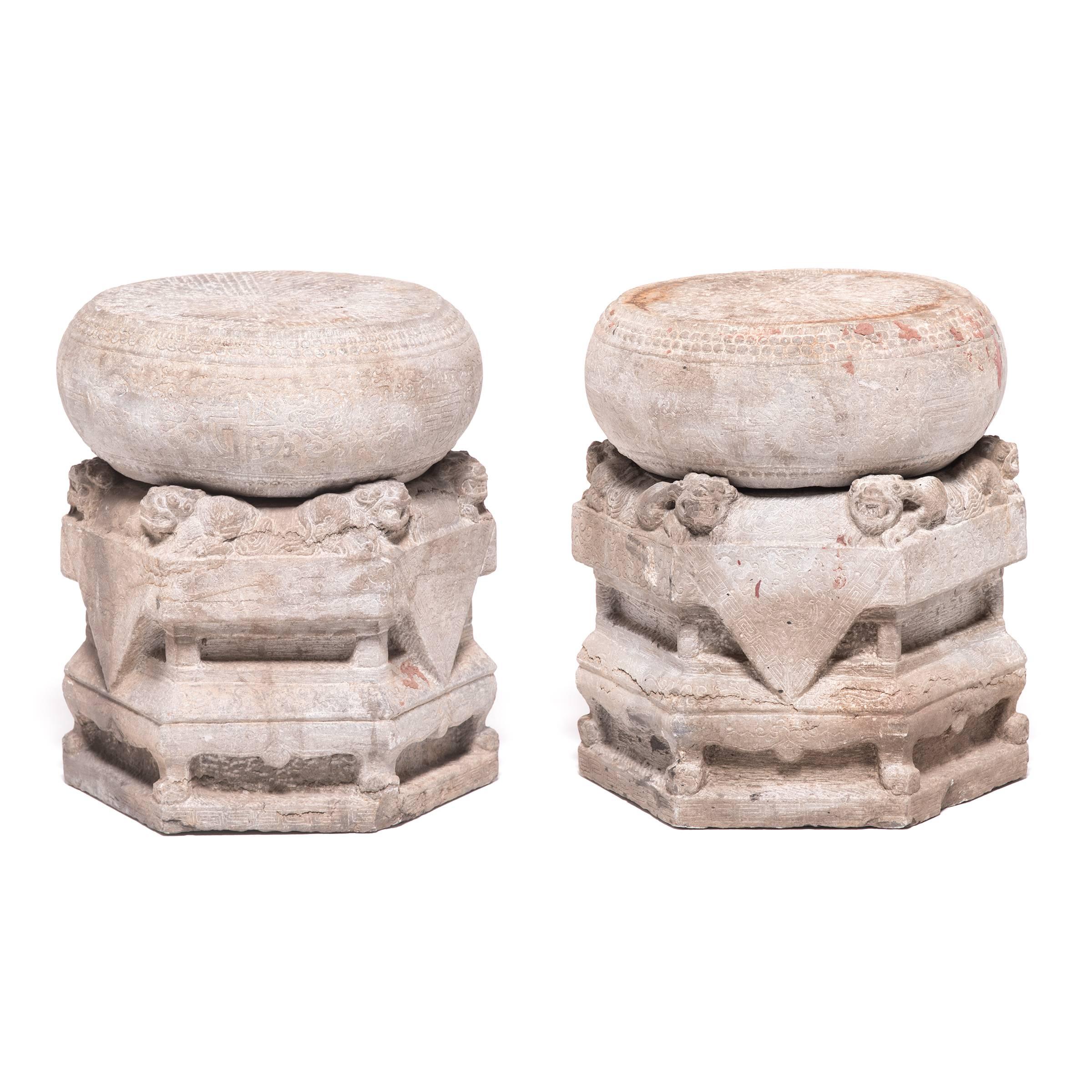 Pair of Highly Carved Chinese Stone Column Bases at 1stDibs