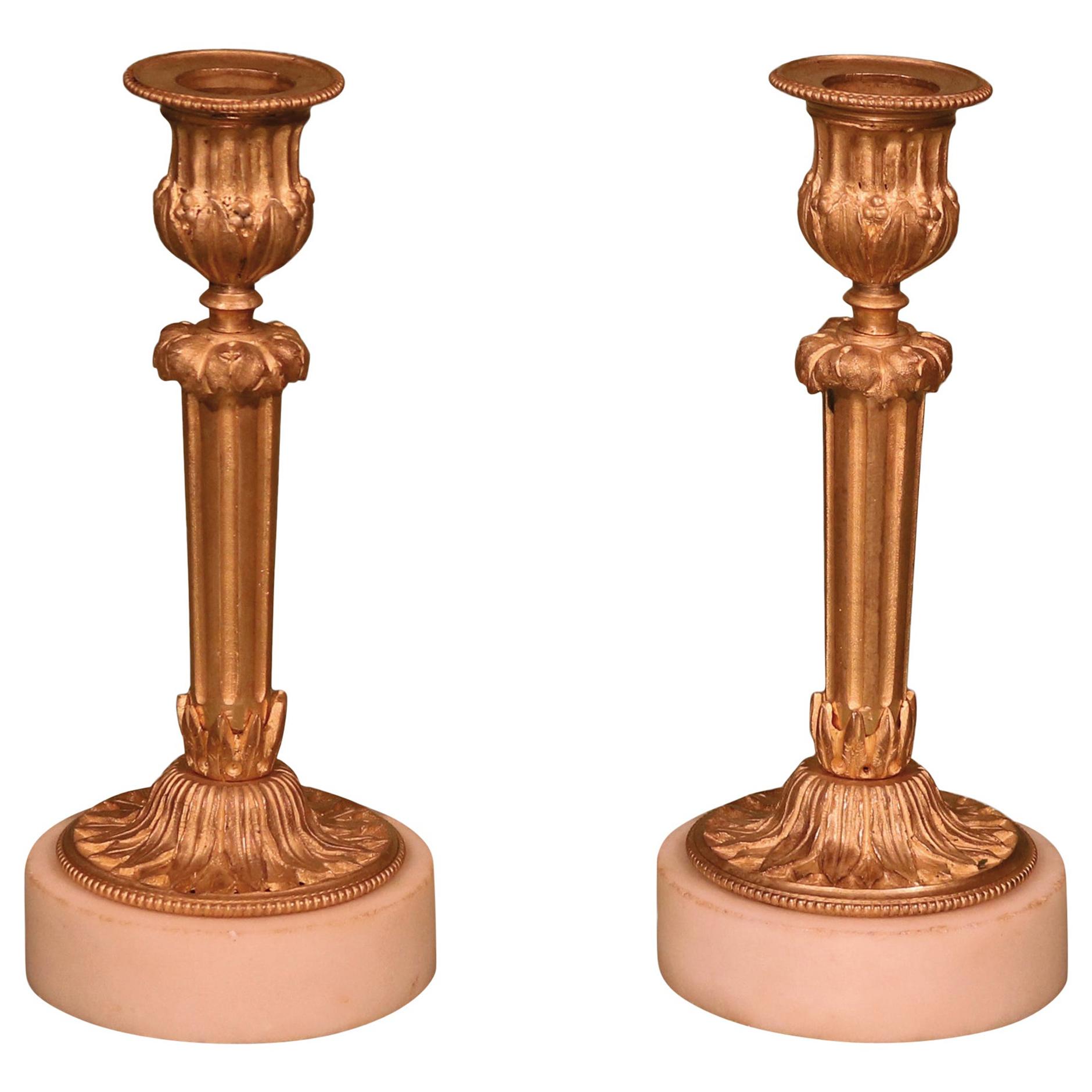 Pair of Mid-Century Modernist Bronze Candlesticks with Polished Marble ...