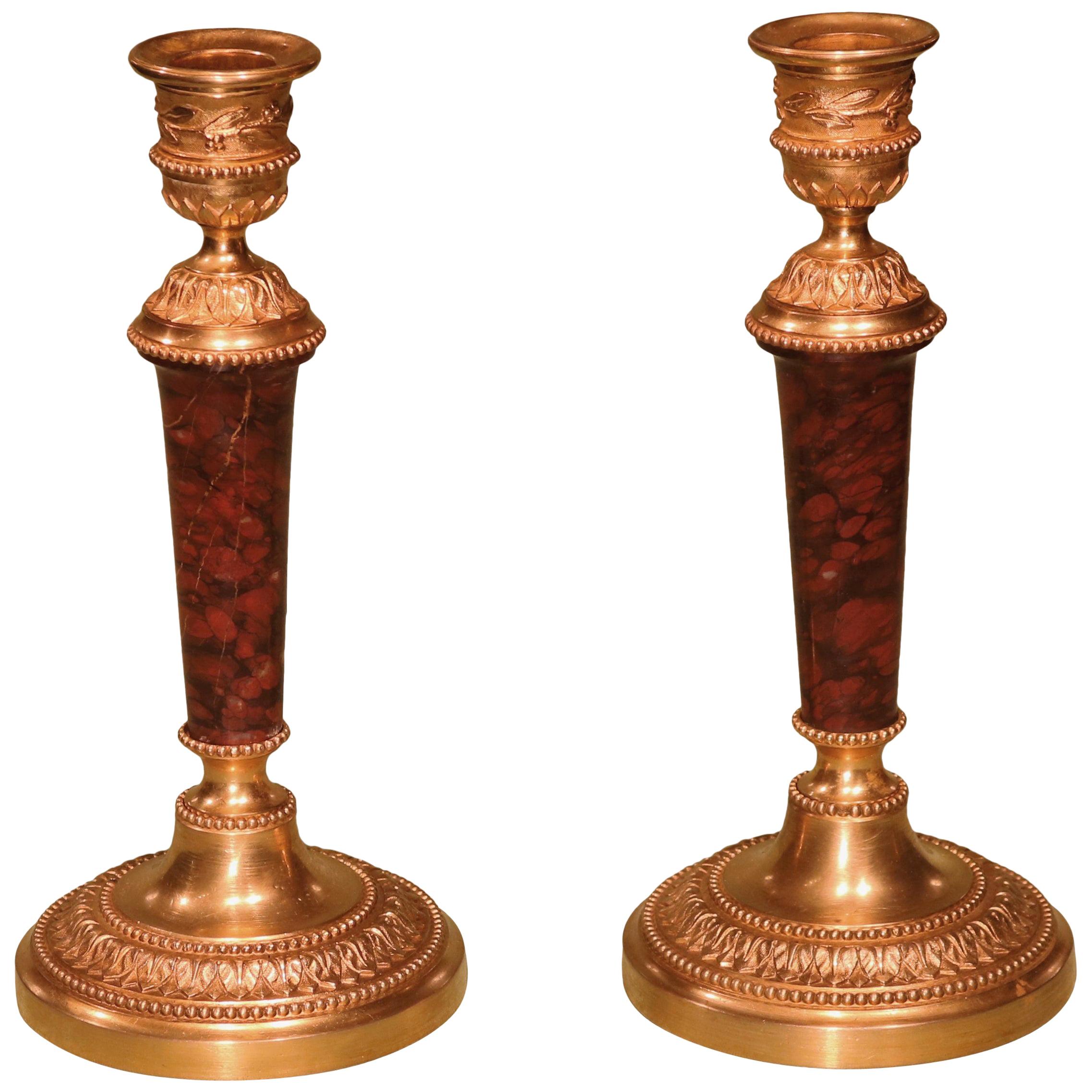 19th Centruy Pair of Russian Red Marble, Bronze and Gilded Candlesticks ...