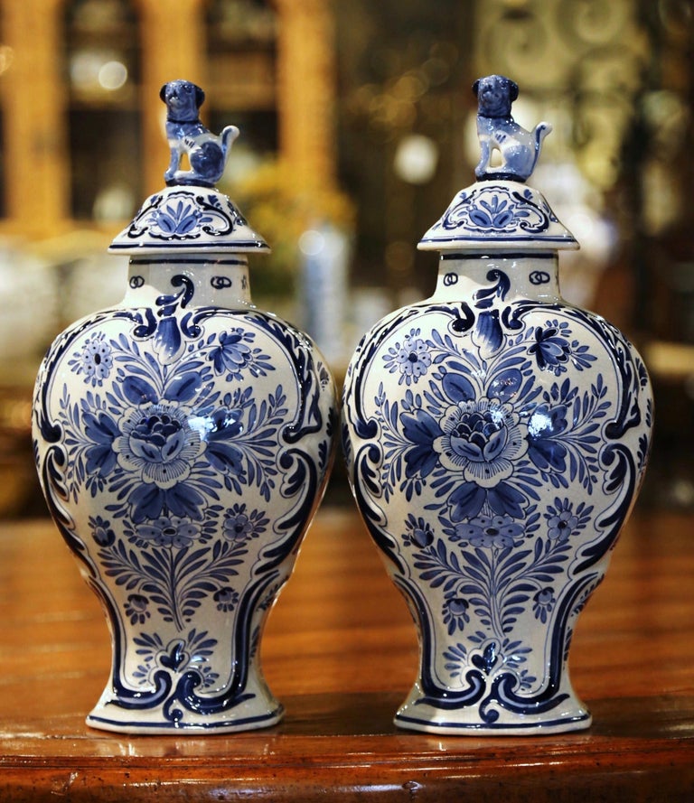 Pair of Mid-20th Century Dutch Blue and White Hand-Painted Delft Ginger ...