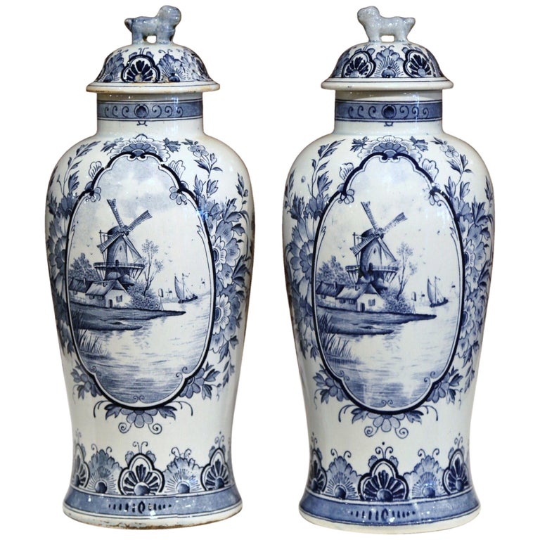 Pair of Mid-20th Century Dutch Blue and White Hand-Painted Delft Ginger ...