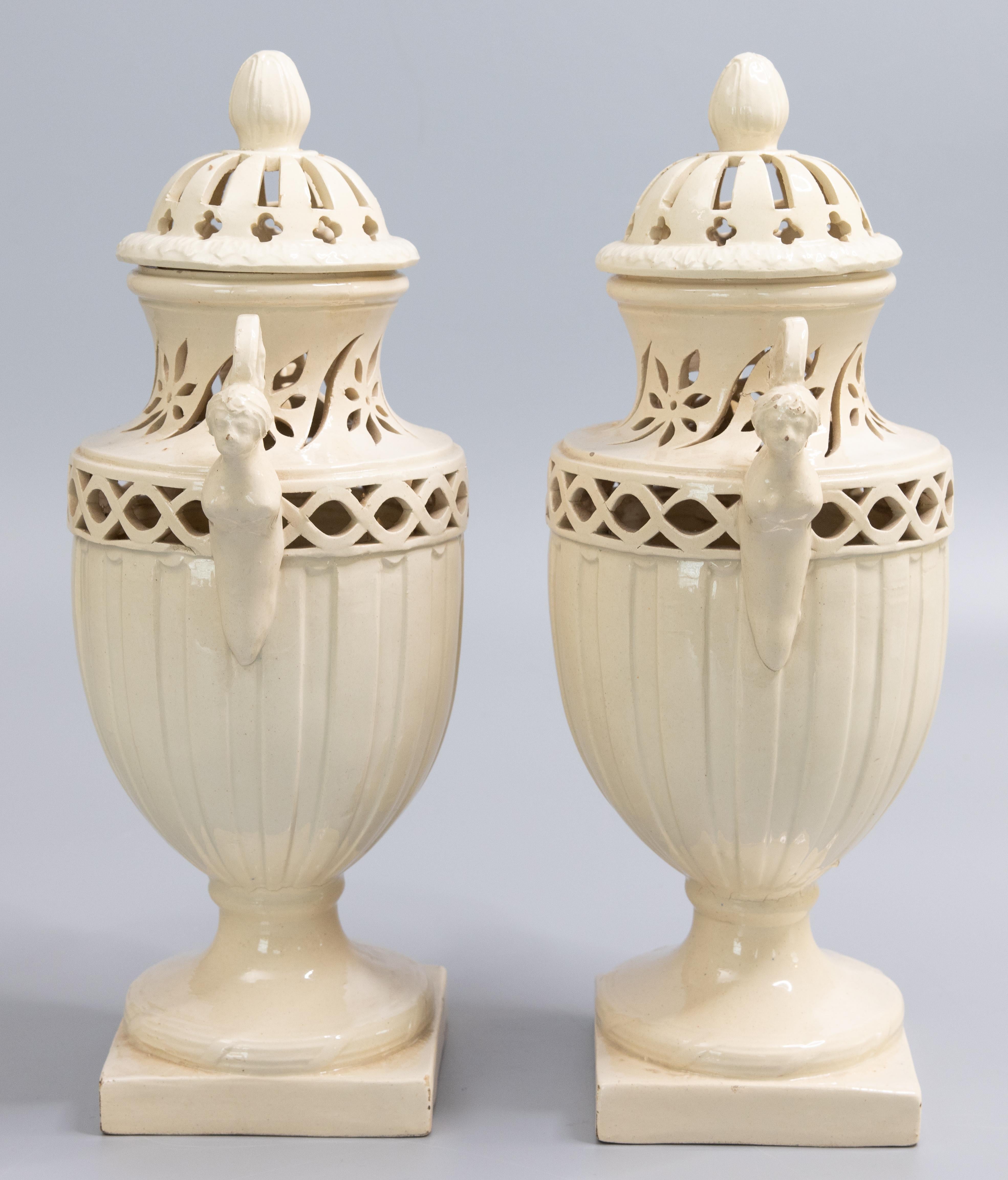 Pair of Mid-20th Century Italian Neoclassical Creamware Lidded Urns For ...