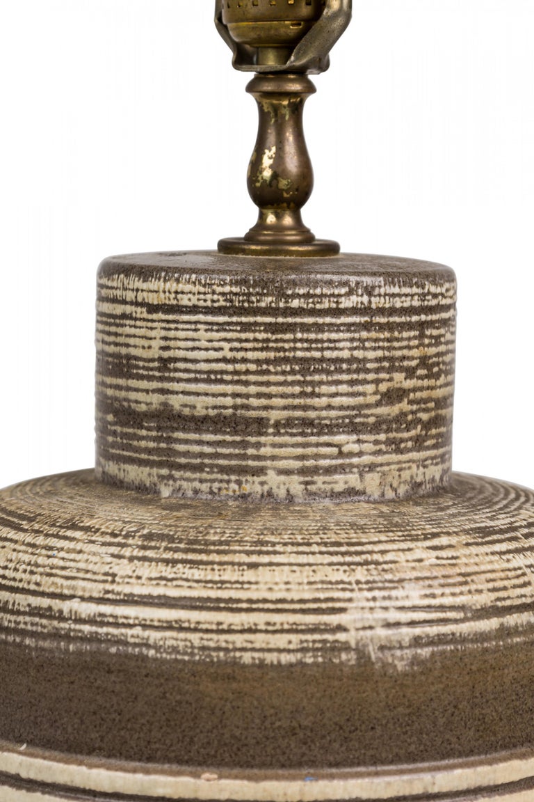 Pair of Mid-Century American Ceramic Texture Banded Brown and Beige ...
