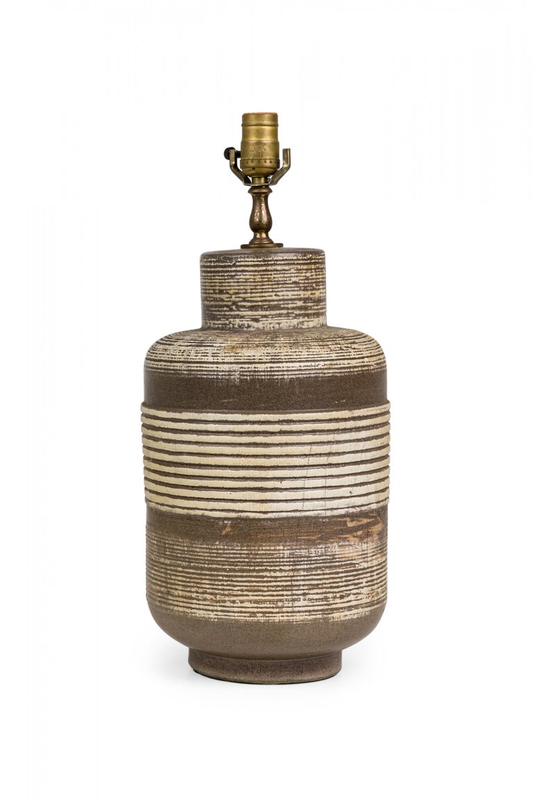 Pair of Mid-Century American Ceramic Texture Banded Brown and Beige ...