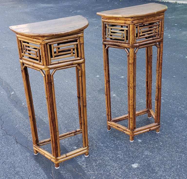 Pair of Midcentury Asian Bamboo and Wood Demilune Side Tables or Plant ...