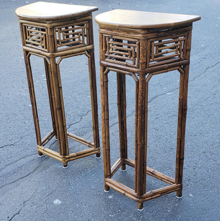 Pair of Midcentury Asian Bamboo and Wood Demilune Side Tables or Plant ...