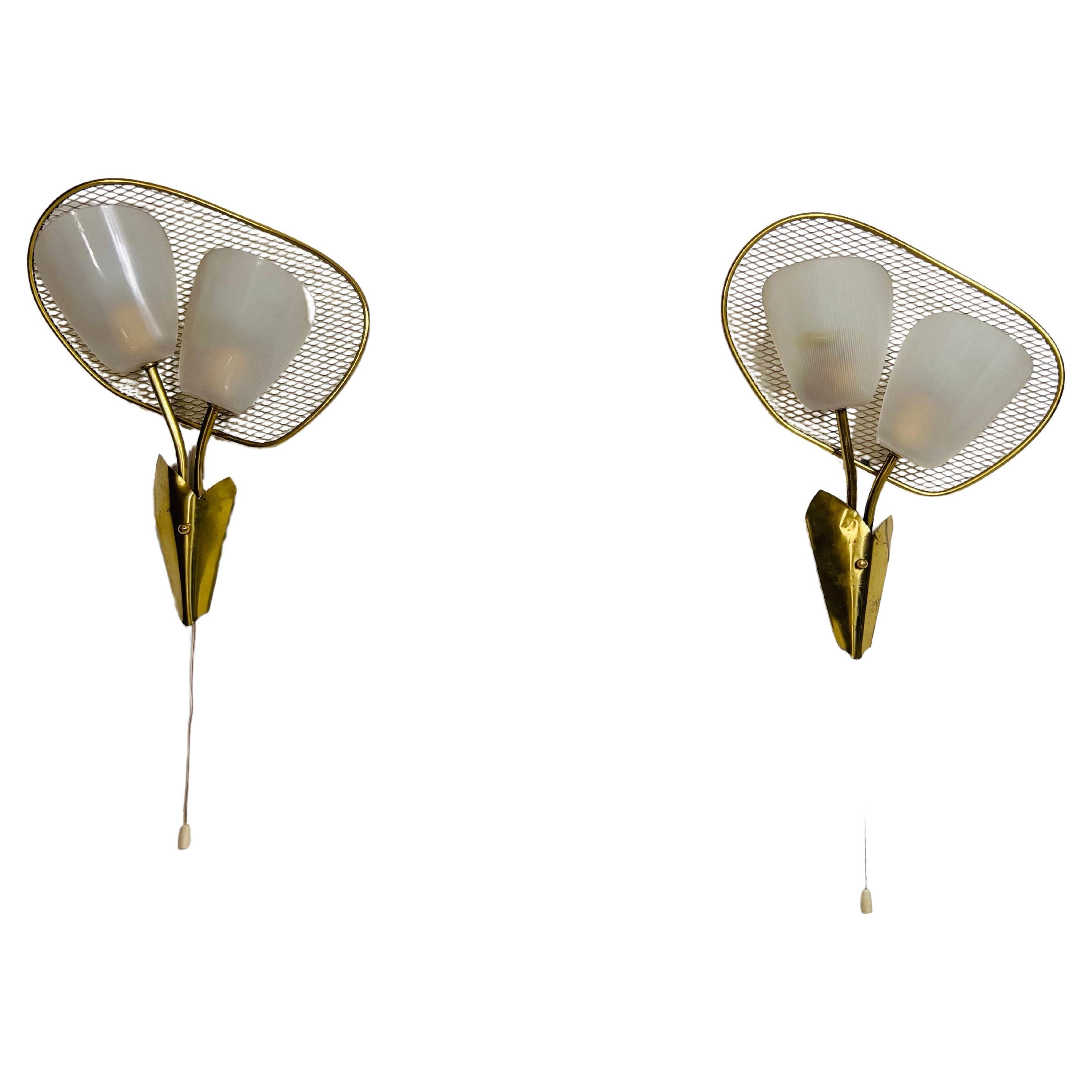 Pair of Mid-Century Brass and Opaline Glass Wall Lamps, Italy, 1960s ...