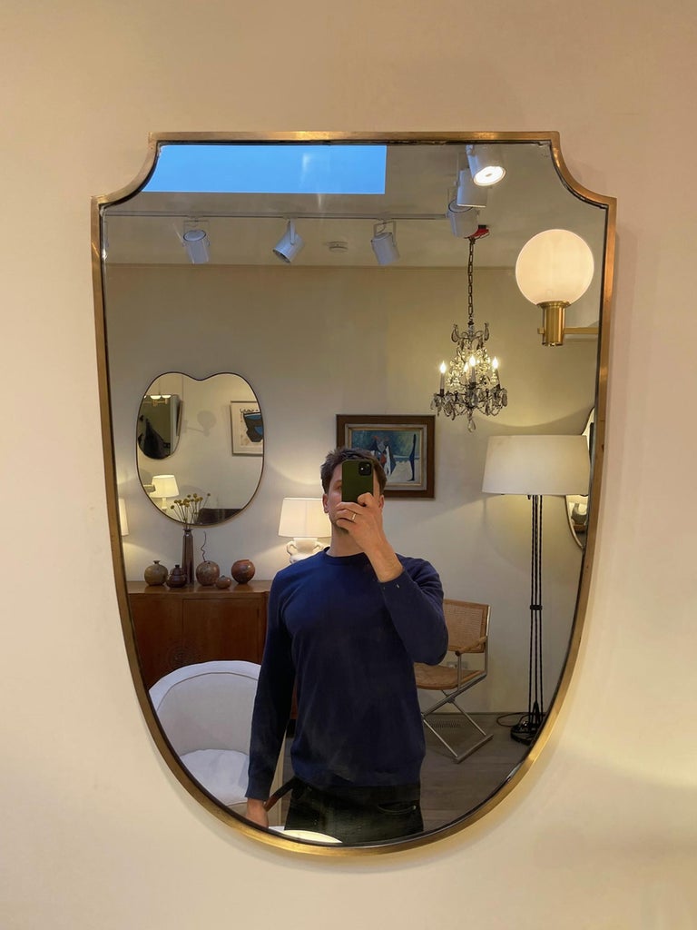 Pair of Midcentury Brass Shield Mirrors For Sale at 1stDibs