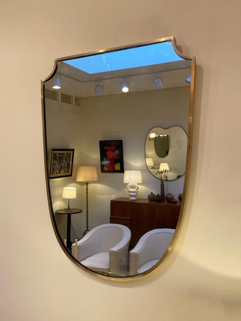 Pair of Midcentury Brass Shield Mirrors For Sale at 1stDibs