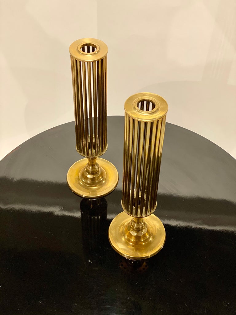 Pair of Mid-Century Caged Brass Cylinder Candlesticks For Sale at 1stDibs