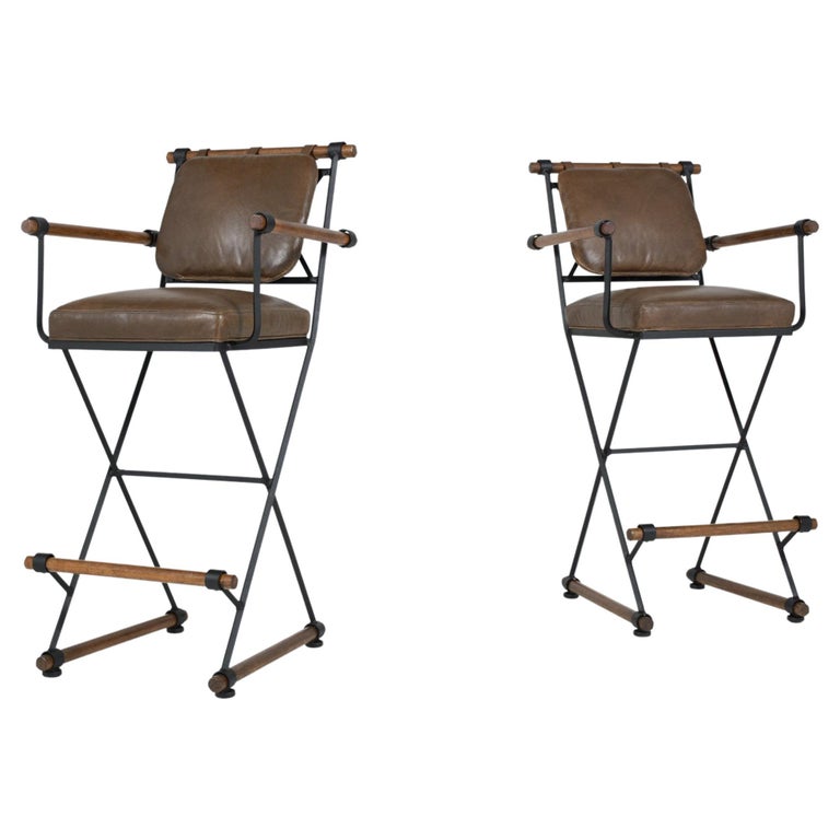 Pair of Mid-Century Campaign Bar Stools at 1stDibs