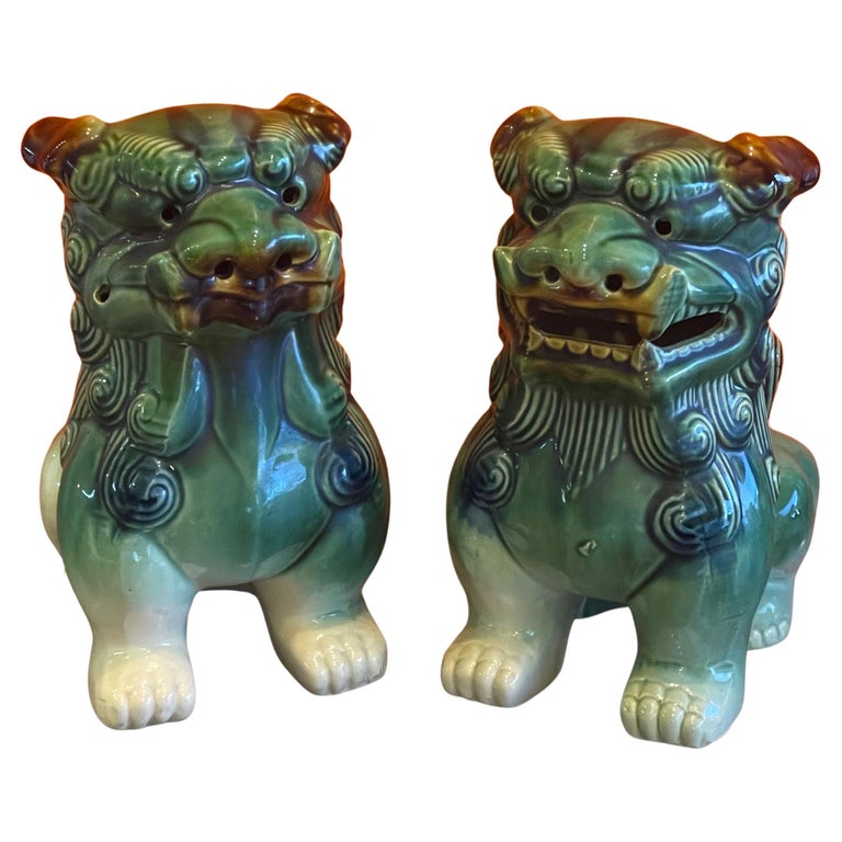 Pair of Mid-Century Ceramic Polychrome Foo Dogs For Sale at 1stDibs