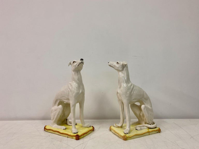 Pair of Mid Century Ceramic Whippets on Cushions For Sale at 1stDibs