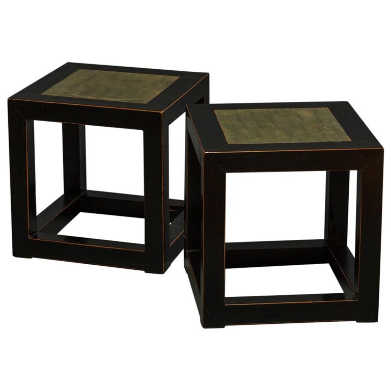 Pair of Midcentury Chinese Black Lacquer Cube Stone Top Tables at 1stDibs