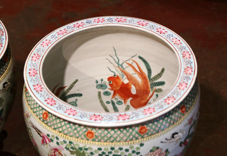 Pair of Mid-Century Chinese Painted Porcelain Fish Bowls on Carved ...